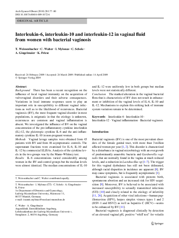 (PDF) Interleukin-6, interleukin-10 and interleukin-12 in vaginal fluid from women with ...