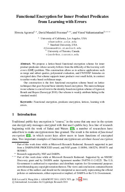 (PDF) Functional Encryption for Inner Product Predicates from Learning ...