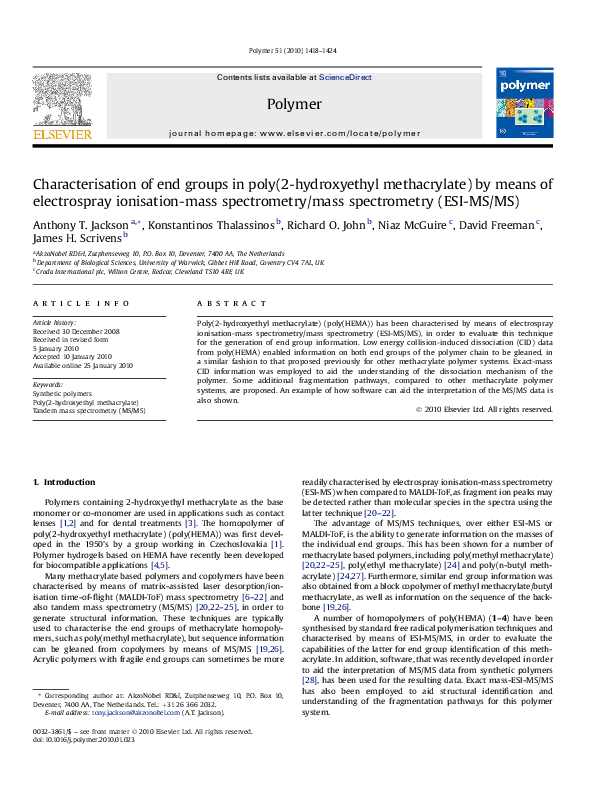 (PDF) Characterisation of end groups in poly(2-hydroxyethyl ...