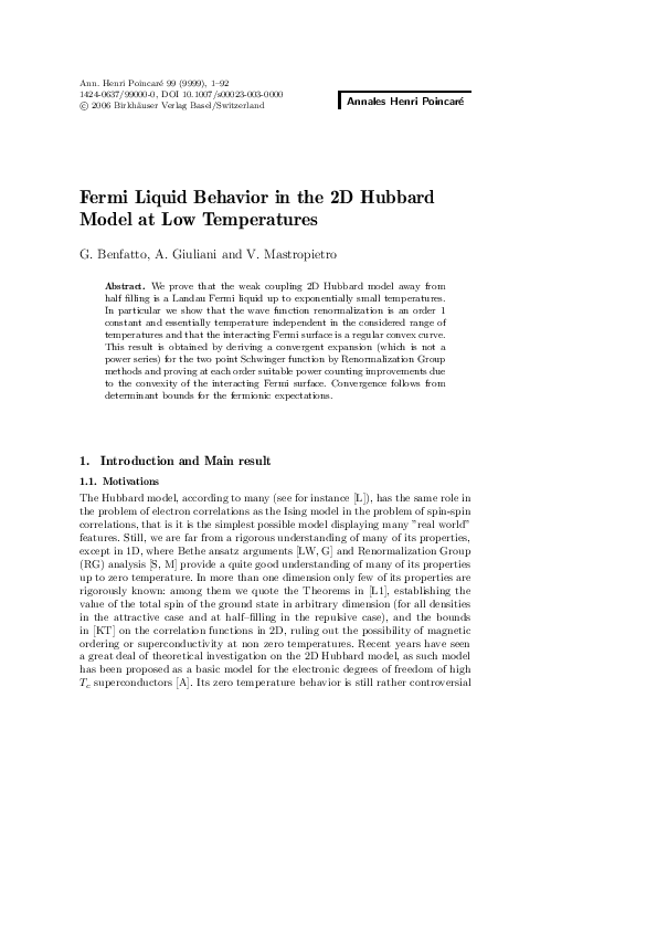 (PDF) Fermi Liquid Behavior in the 2D Hubbard Model at Low Temperatures