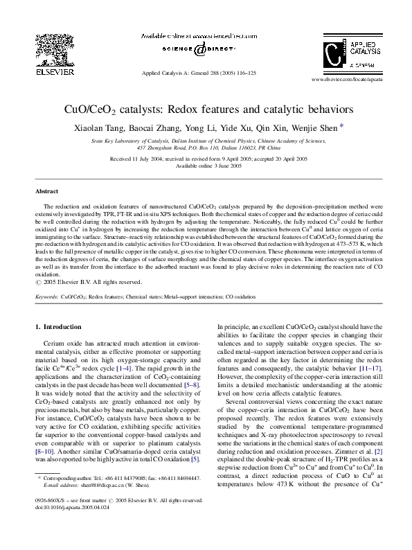 (PDF) CuO/CeO2 catalysts: Redox features and catalytic behaviors