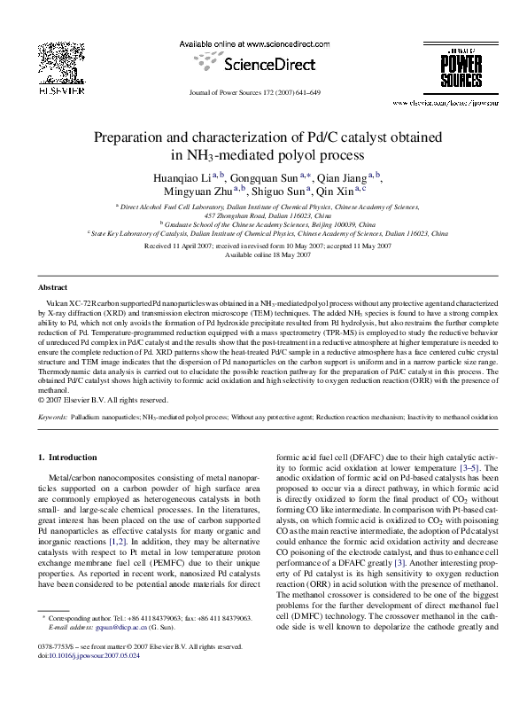 (PDF) Pd/C Catalyst from NH3-Mediated Polyol Process