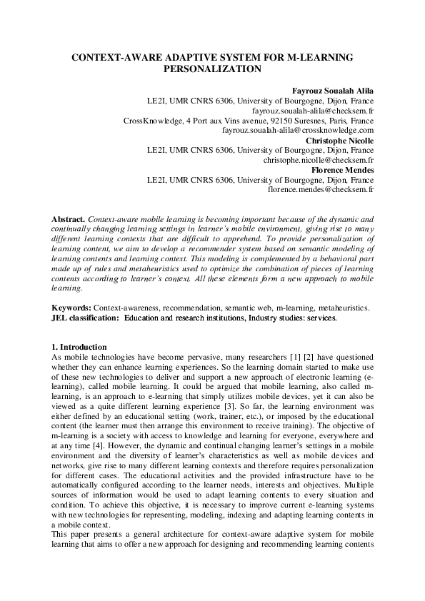 (PDF) CONTEXT-AWARE ADAPTIVE SYSTEM FOR M-LEARNING PERSONALIZATION