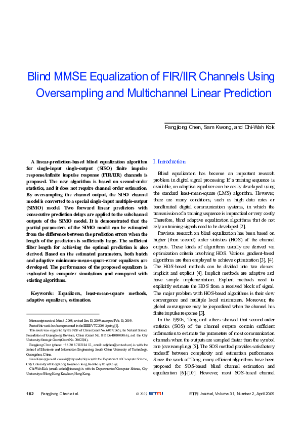 (PDF) Blind MMSE Equalization of FIR/IIR Channels Using Oversampling and Multichannel Linear ...