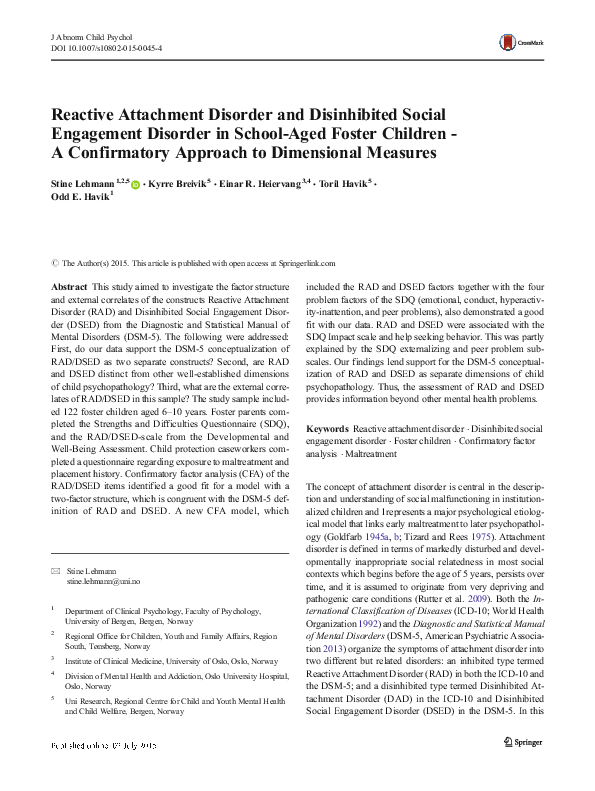 (PDF) Reactive Attachment Disorder and Disinhibited Social Engagement ...
