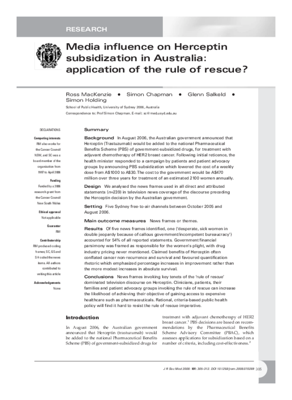 (PDF) Media influence on Herceptin subsidization in Australia ...