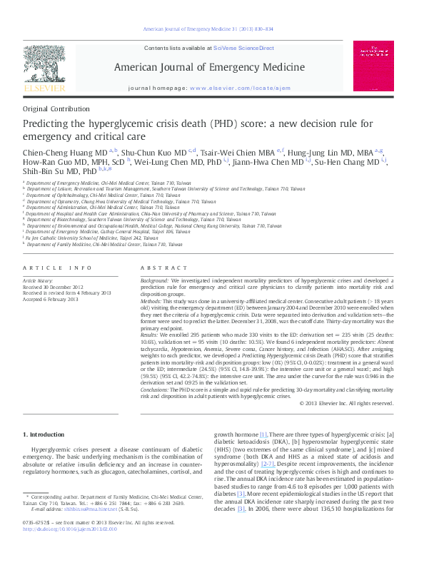 (PDF) Predicting the hyperglycemic crisis death (PHD) score: a new ...