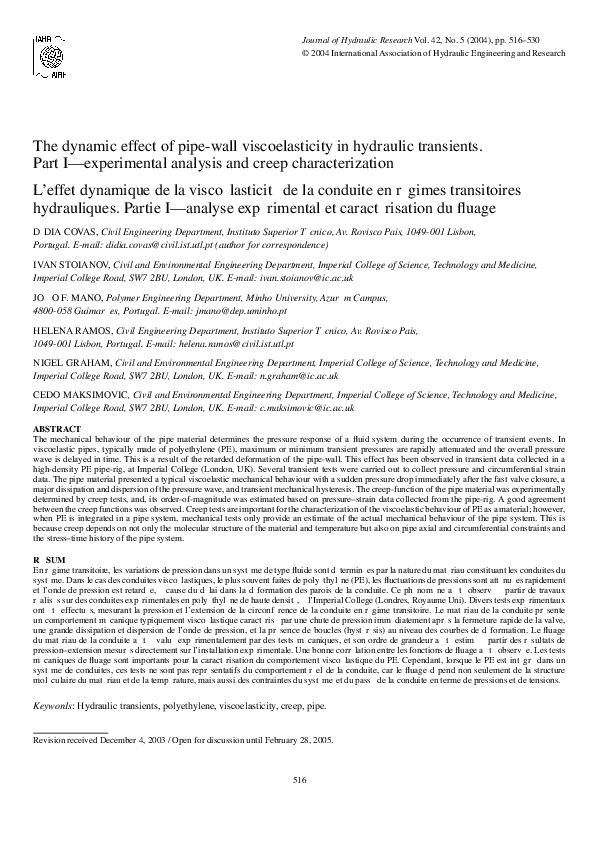 (PDF) The dynamic effect of pipe-wall viscoelasticity in hydraulic transients. Part I ...