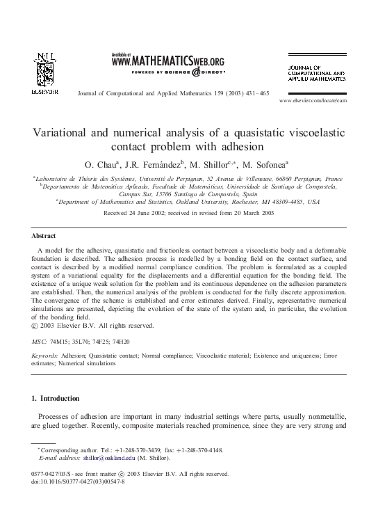 (PDF) Variational and numerical analysis of a quasistatic viscoelastic problem with normal ...
