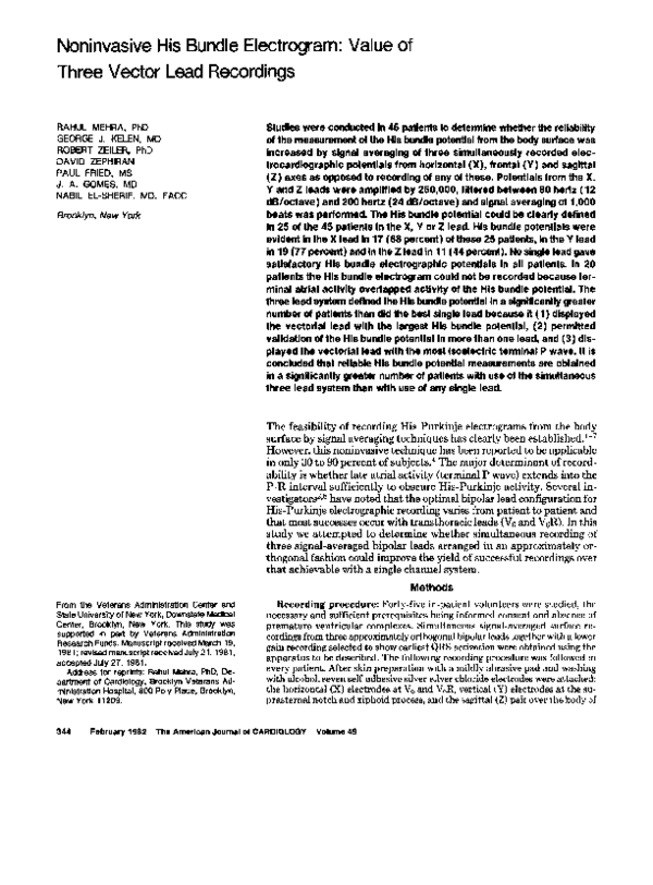 (PDF) Noninvasive His bundle electrogram: Value of three vector lead ...