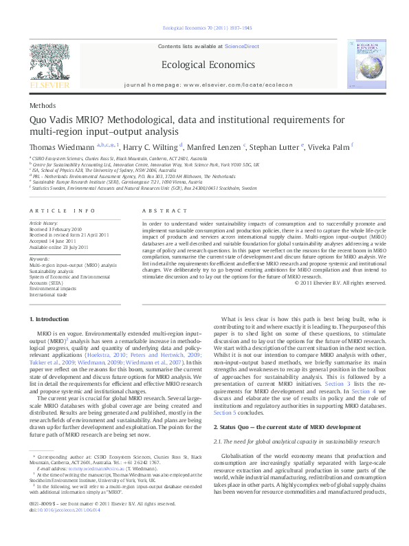 (PDF) Quo Vadis MRIO? Methodological, data and institutional requirements for multi-region input ...