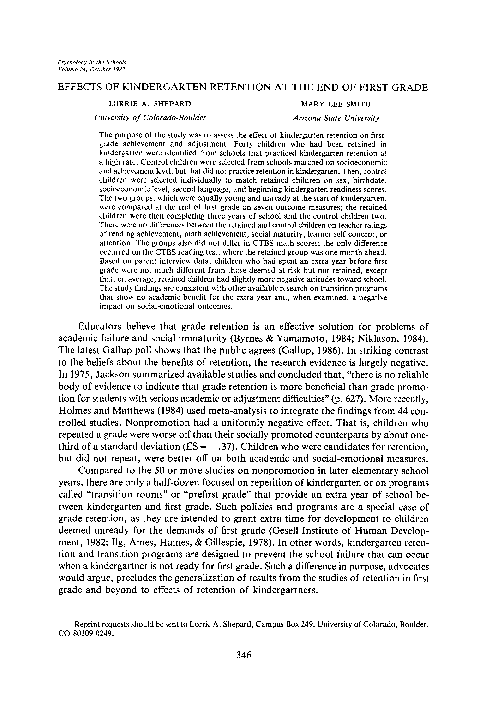 (PDF) Effects of kindergarten retention at the end of first grade