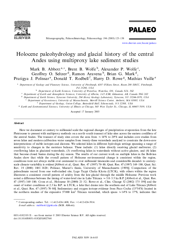 (PDF) Holocene paleohydrology and glacial history of the central Andes using multiproxy lake ...