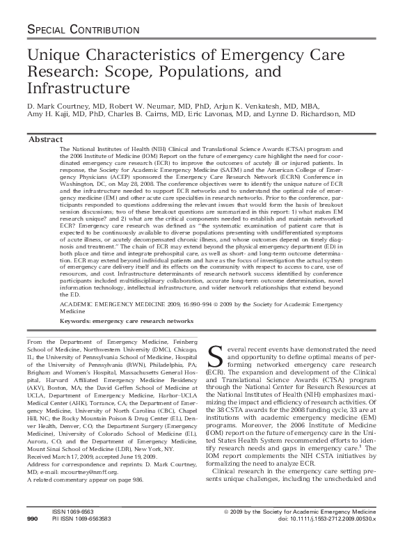 Pdf Unique Characteristics Of Emergency Care Research Scope