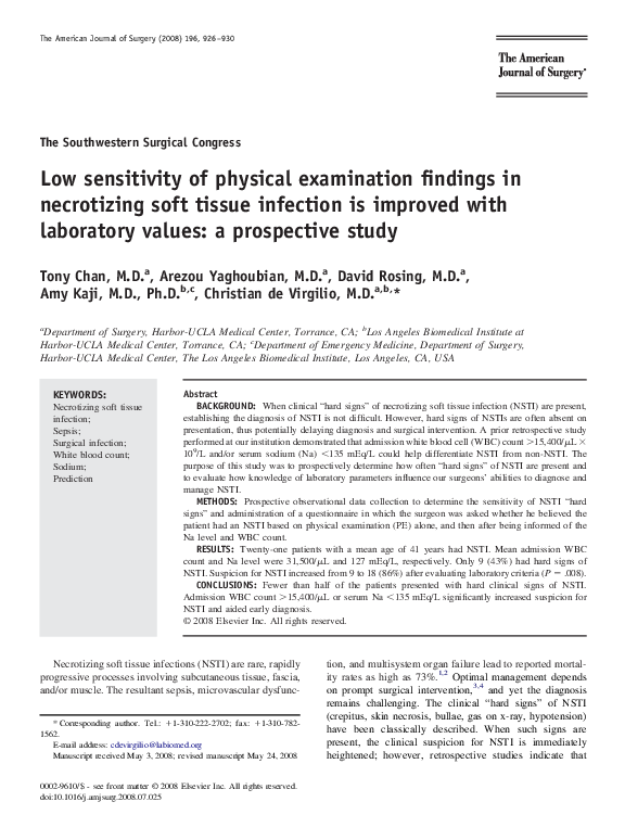 (PDF) Low sensitivity of physical examination findings in necrotizing ...