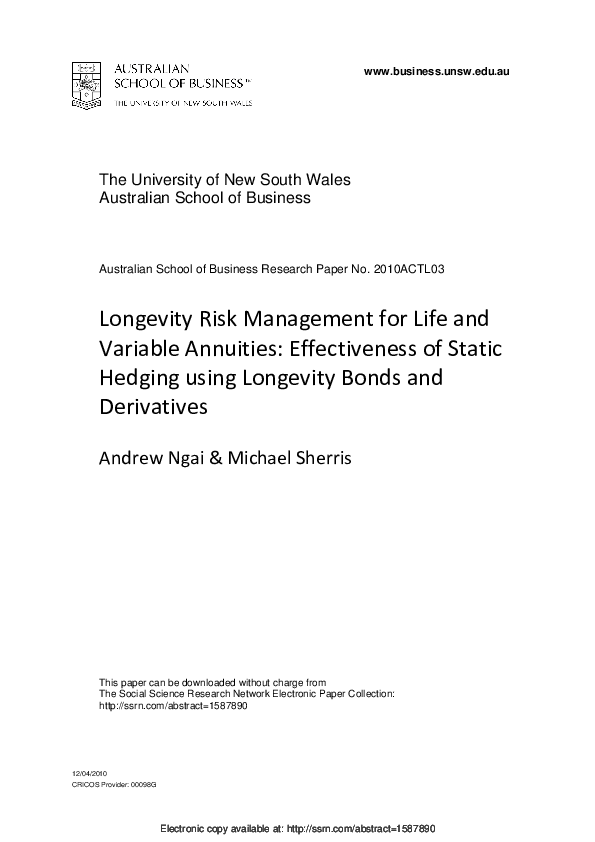 (PDF) Longevity Risk Management for Life and Variable Annuities: Effectiveness of Static Hedging ...