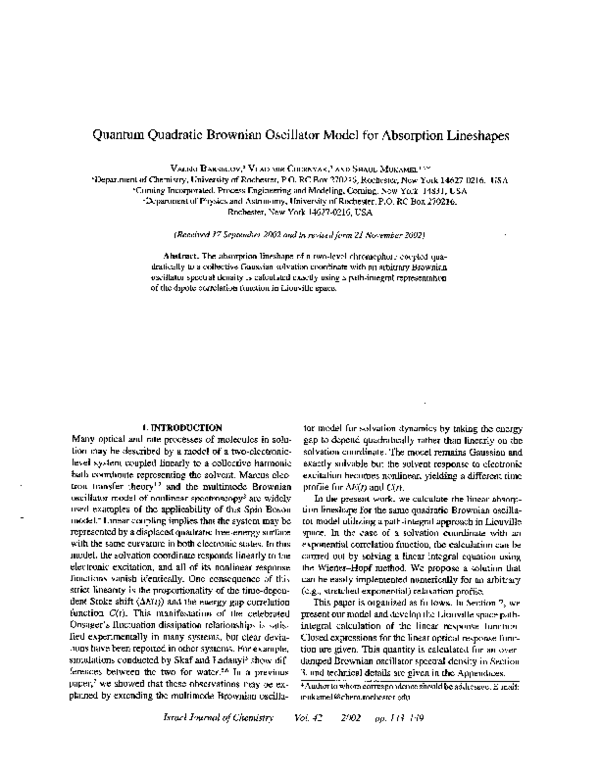 (PDF) Quantum quadratic brownian oscillator model for absorption lineshapes