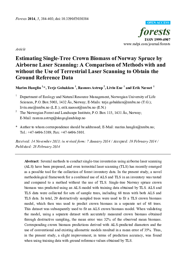(PDF) Estimating Single-Tree Crown Biomass of Norway Spruce by Airborne Laser Scanning: A ...