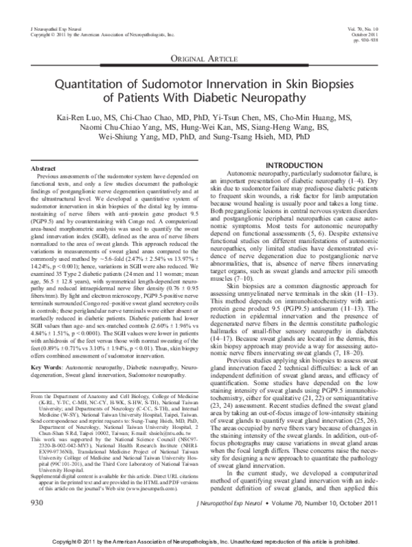 Pdf Quantitation Of Sudomotor Innervation In Skin Biopsies Of Patients With Diabetic Neuropathy