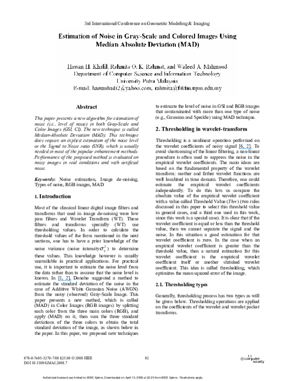 (PDF) Chapter 15: Estimation of Noise in Gray-Scale and Colored Images Using Median Absolute ...