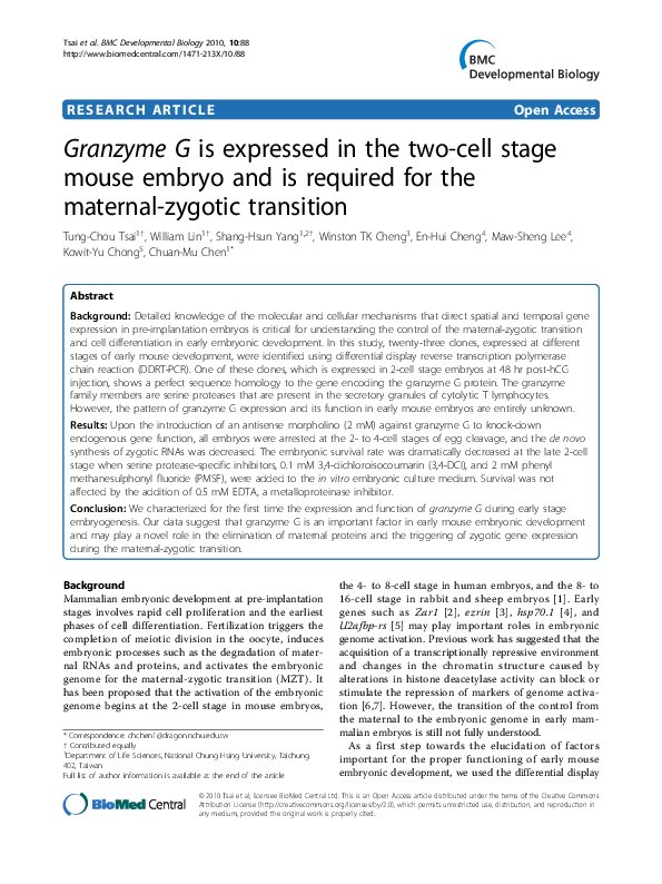 (PDF) Granzyme G is expressed in the two-cell stage mouse embryo and is ...