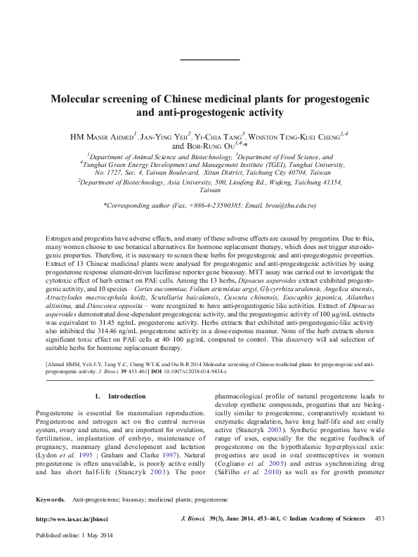 (PDF) Molecular screening of Chinese medicinal plants for progestogenic ...