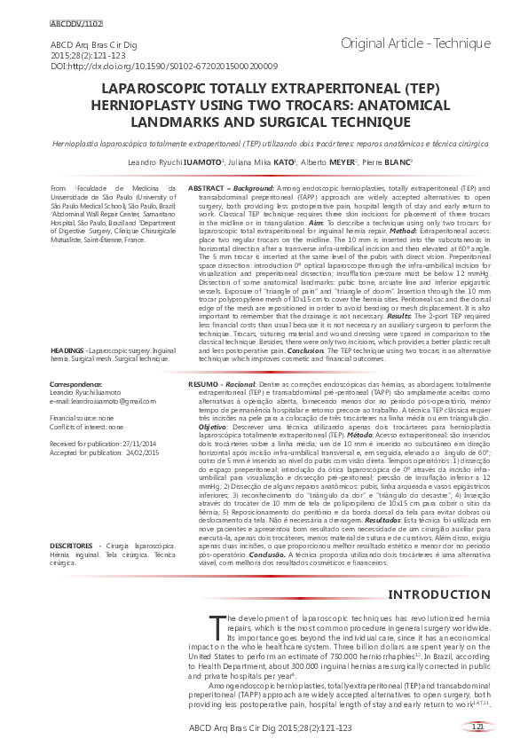 (PDF) Laparoscopic totally extraperitoneal (TEP) hernioplasty using two trocars: anatomical ...