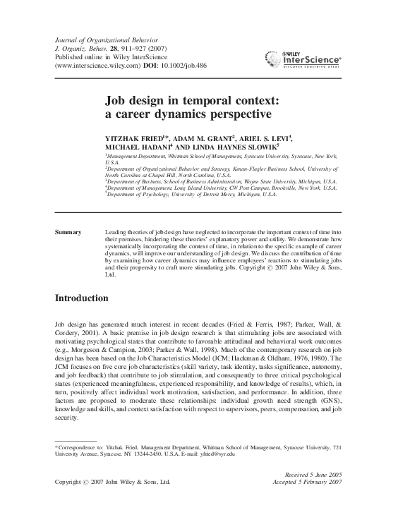 (PDF) Job design in temporal context: a career dynamics perspective