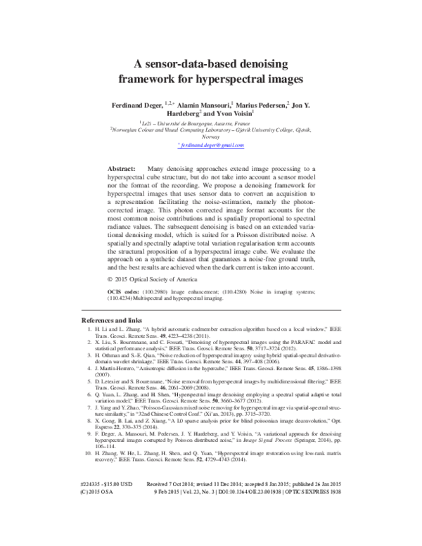 Pdf A Sensor Data Based Denoising Framework For Hyperspectral Images