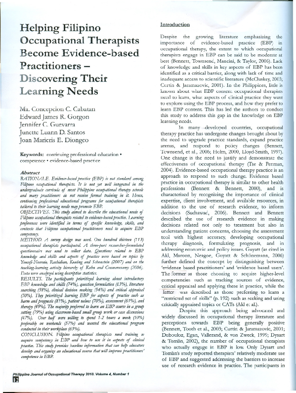 (PDF) Helping Filipino Occupational Therapists ecome Evidence-based ...