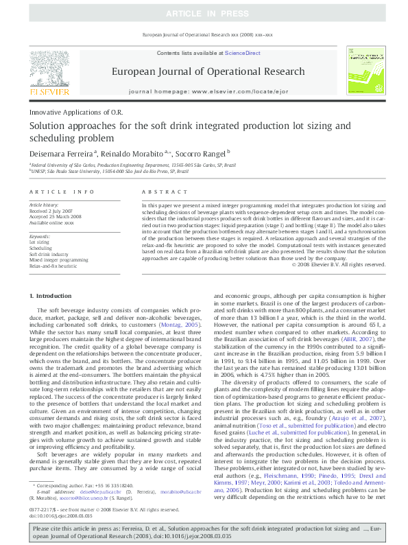 Pdf Solution Approaches For The Soft Drink Integrated Production Lot Sizing And Scheduling Problem 9683