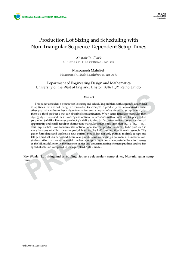 Pdf Production Lot Sizing And Scheduling With Non Triangular Sequence Dependent Setup Times