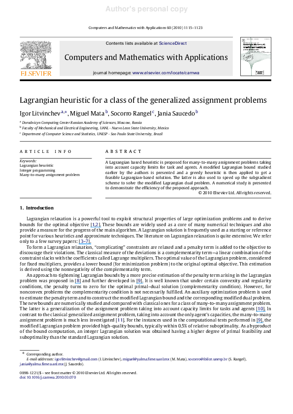 (PDF) Lagrangian heuristic for a class of the generalized assignment problems