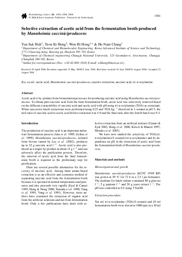 (PDF) Selective extraction of acetic acid from the fermentation broth ...
