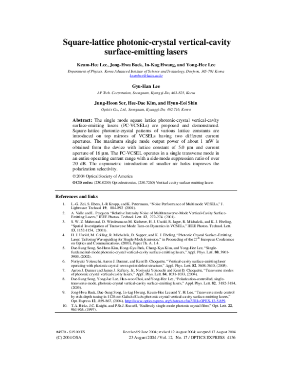 (PDF) Square-lattice photonic-crystal vertical-cavity surface-emitting lasers | In-Kag Hwang and ...