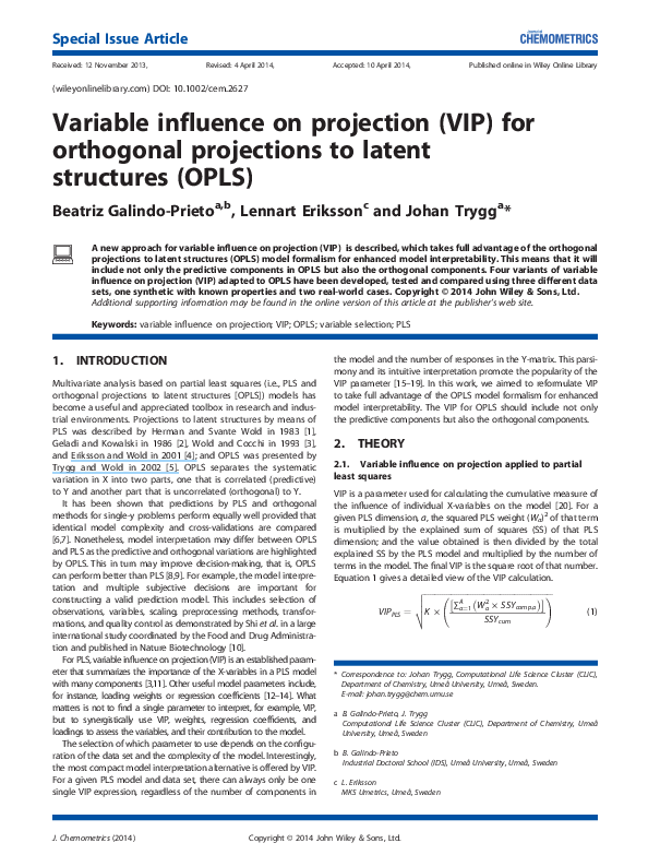 Pdf Variable Influence On Projection Vip For Orthogonal Projections To Latent Structures Opls