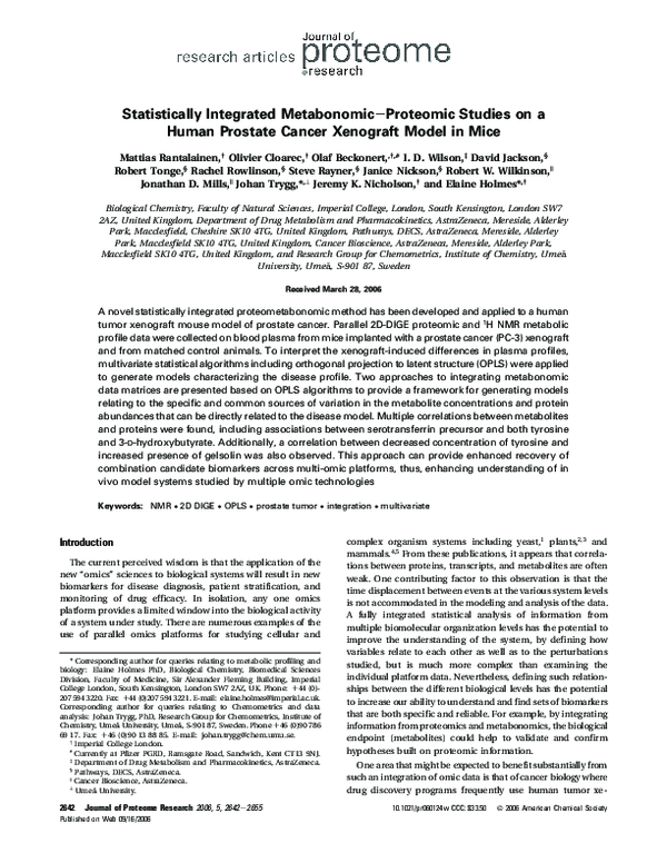 (PDF) Statistically Integrated Metabonomic−Proteomic Studies on a Human ...