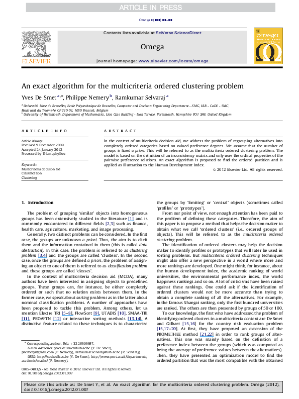 Pdf An Exact Algorithm For The Multicriteria Ordered Clustering Problem 6088