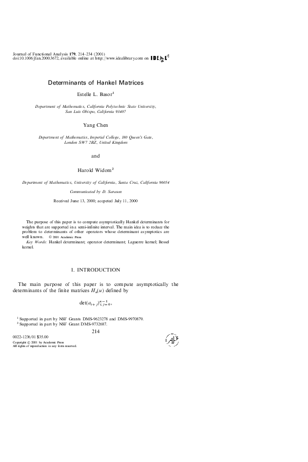 (PDF) Determinants of Hankel matrices