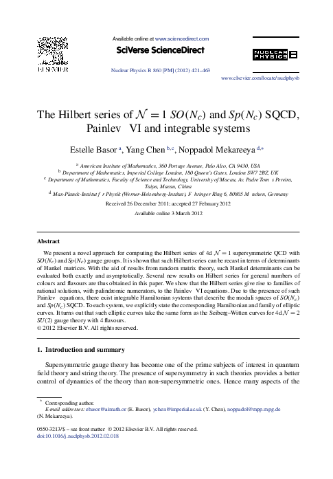 (PDF) The Hilbert Series of Curl(N}=1, SO(N_c), and Sp(N_c) SQCD ...