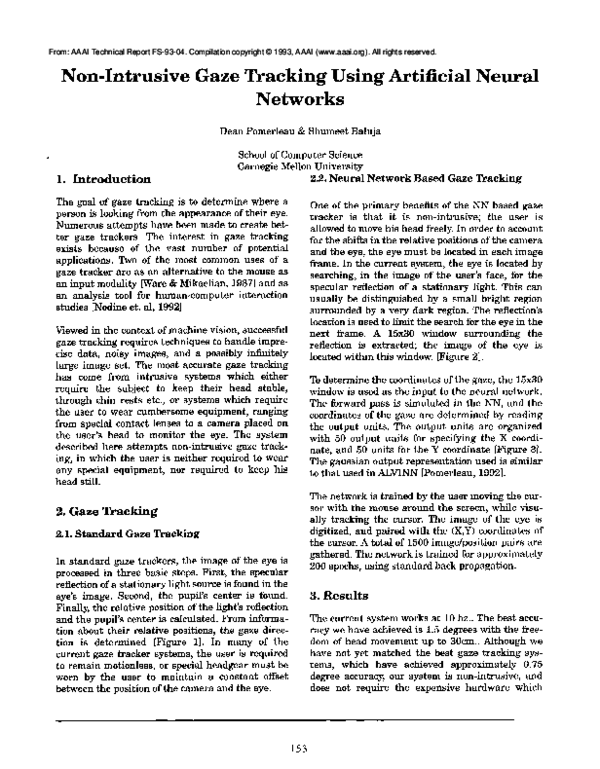 (PDF) Non-Intrusive Gaze Tracking Using Artificial Neural Networks