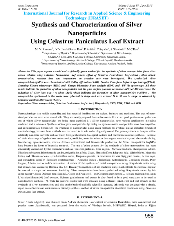 (PDF) Synthesis and Characterization of Silver Nanoparticles Using Celastrus Paniculatus Leaf ...