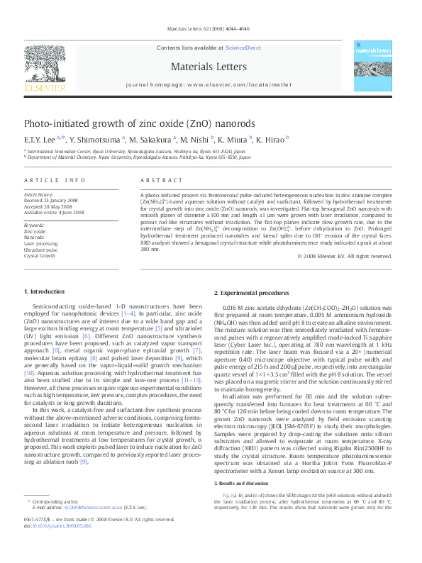 (PDF) Photo-initiated growth of zinc oxide (ZnO) nanorods