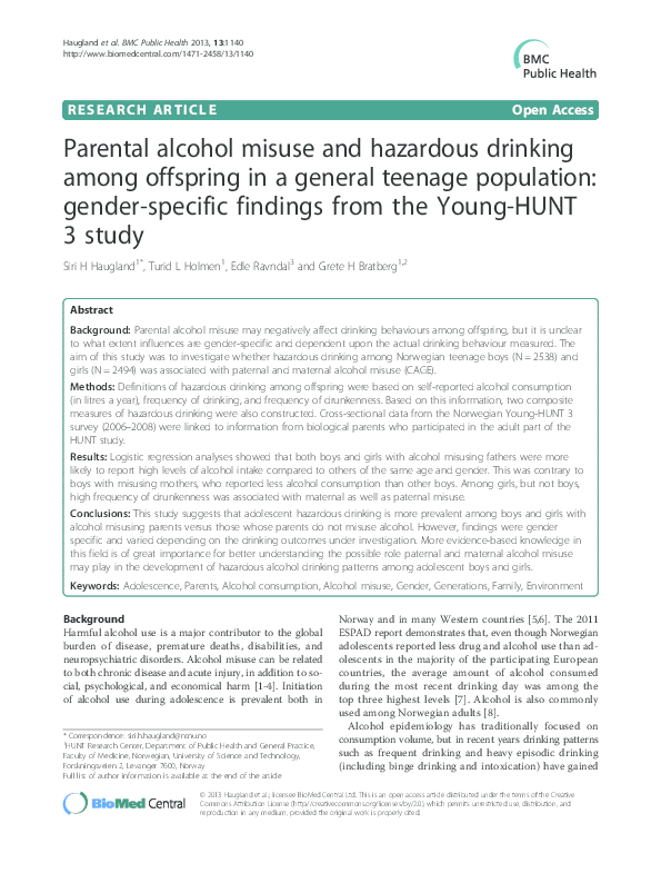 (PDF) Parental alcohol misuse and hazardous drinking among offspring in a general teenage ...
