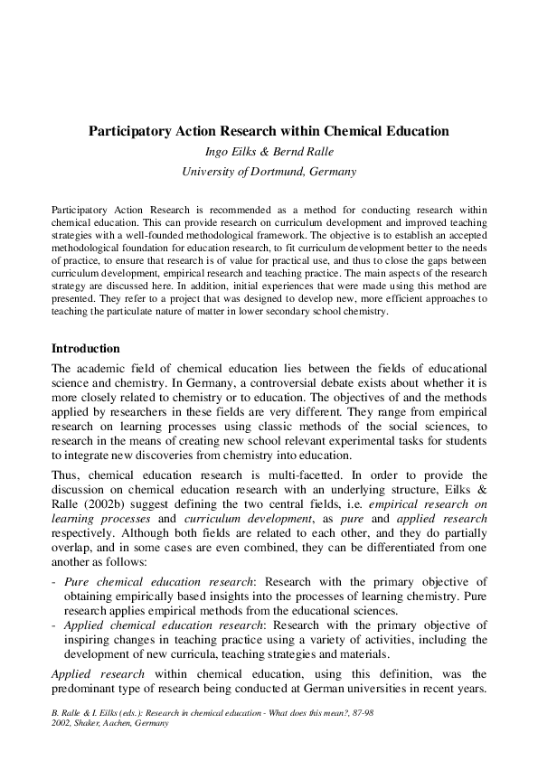 (PDF) Participatory Action Research in chemical education | Bernd Ralle ...