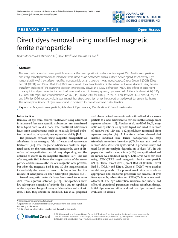 (PDF) Direct dyes removal using modified magnetic ferrite nanoparticle