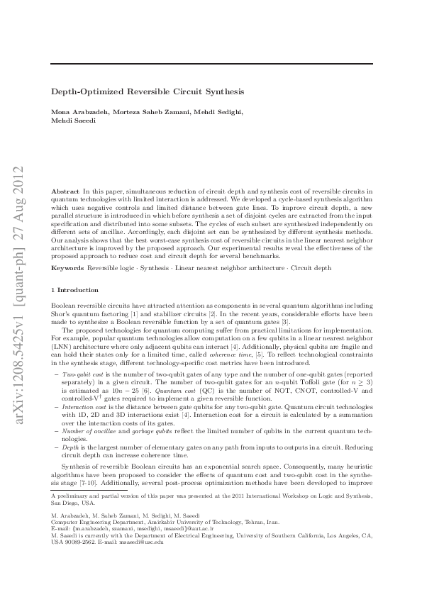 (PDF) Depth-optimized reversible circuit synthesis