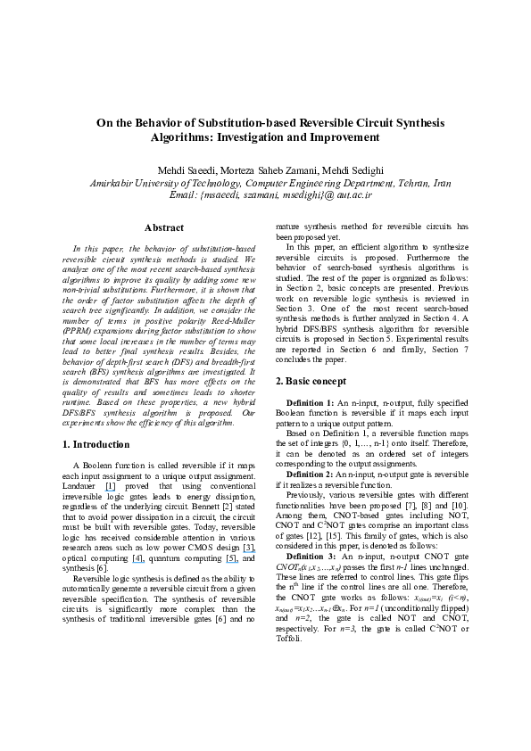 Pdf On The Behavior Of Substitution Based Reversible Circuit