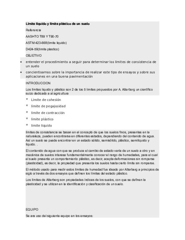 (DOC) Limite líquido y limite plástico de un suelo