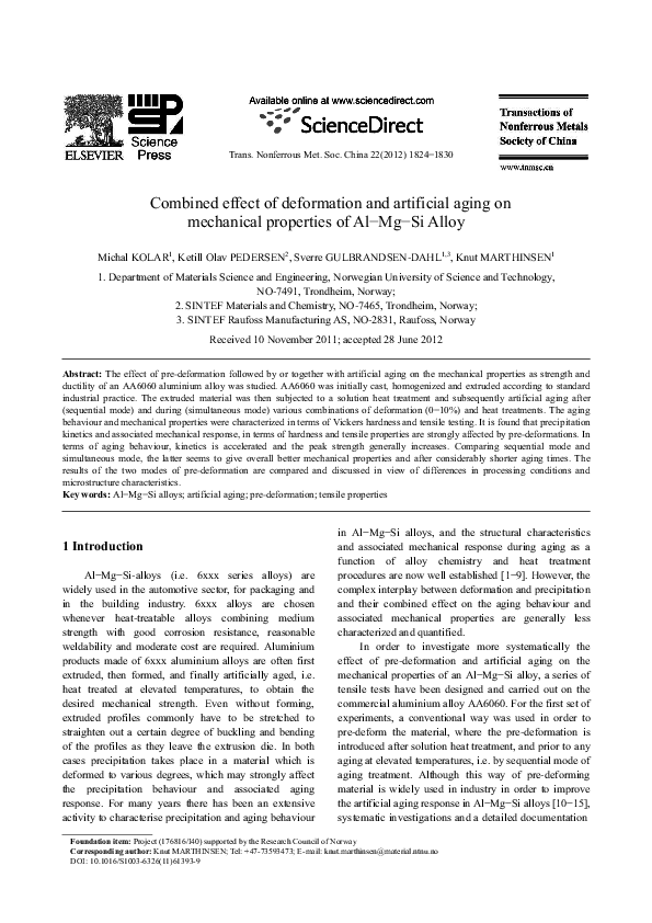 (PDF) Combined effect of deformation and artificial aging on mechanical properties of Al–Mg–Si Alloy